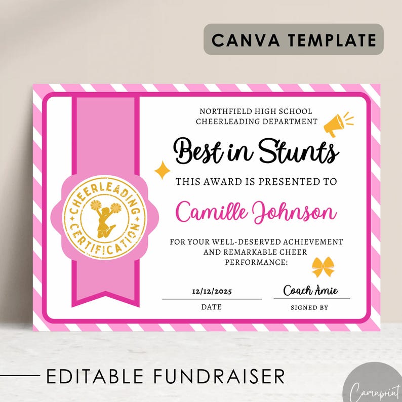 Editable Cheerleading Award Certificate, Cheer Ceremony Awards, Custom ...