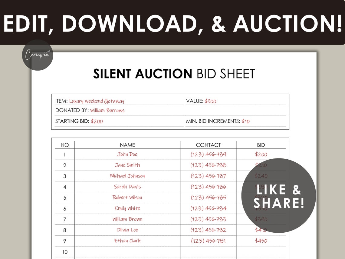 Editable Silent Auction Bid Sheet, Silent Auction Sign up Sheet ...