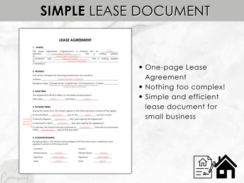 Simple One Page Lease Agreement, Printable Rental Agreement, Editable Landlord Forms, Basic ...