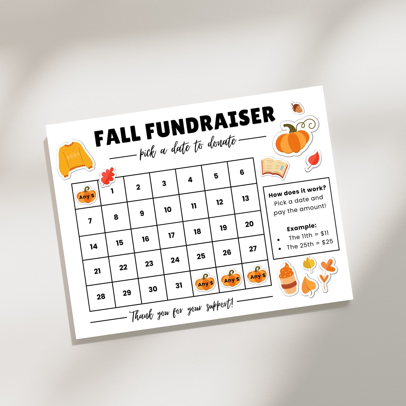 Fall Fundraiser Pick a Date to Donate Calendar Fundraiser for School ...