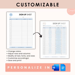 Editable Sign up Sheet Template, Sign up Sheet, Printable Sign up Form ...