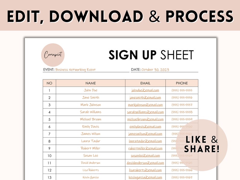 Editable Sign up Sheet Template, Sign up Sheet, Printable Sign up Form ...