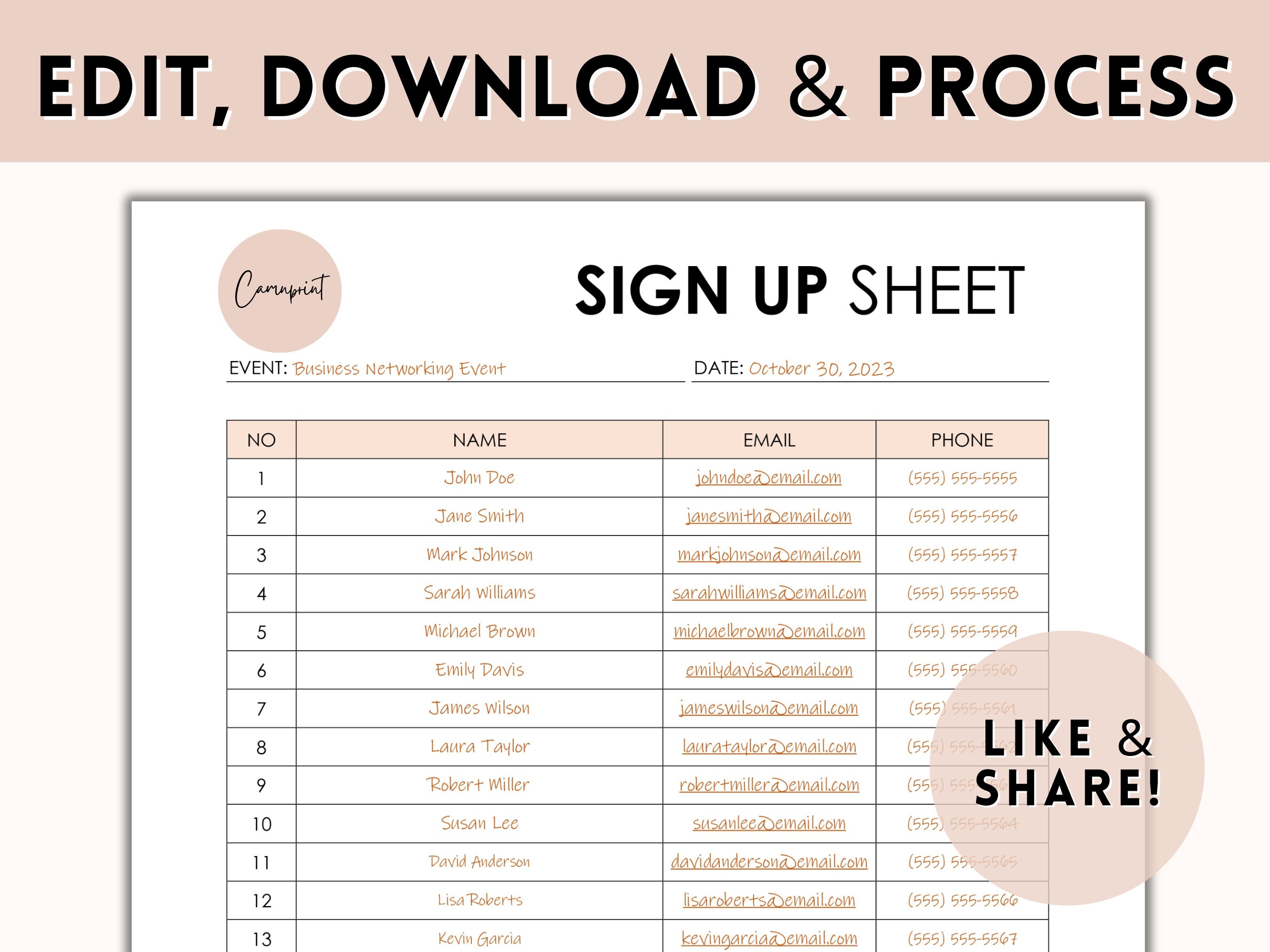 Editable Sign up Sheet Template, Sign up Sheet, Printable Sign up Form ...