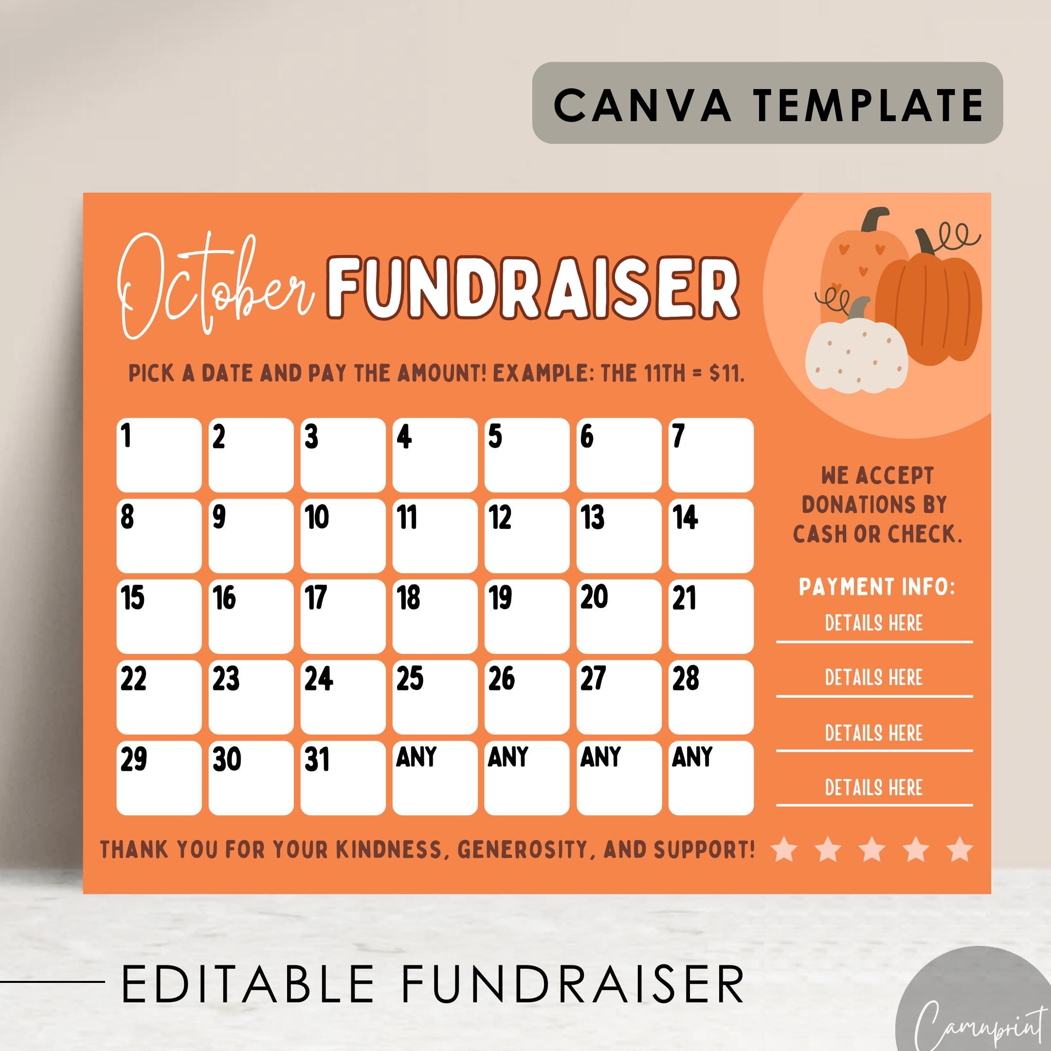 October Fundraiser Editable Fundraiser Calendar Pick A Date to Donate ...