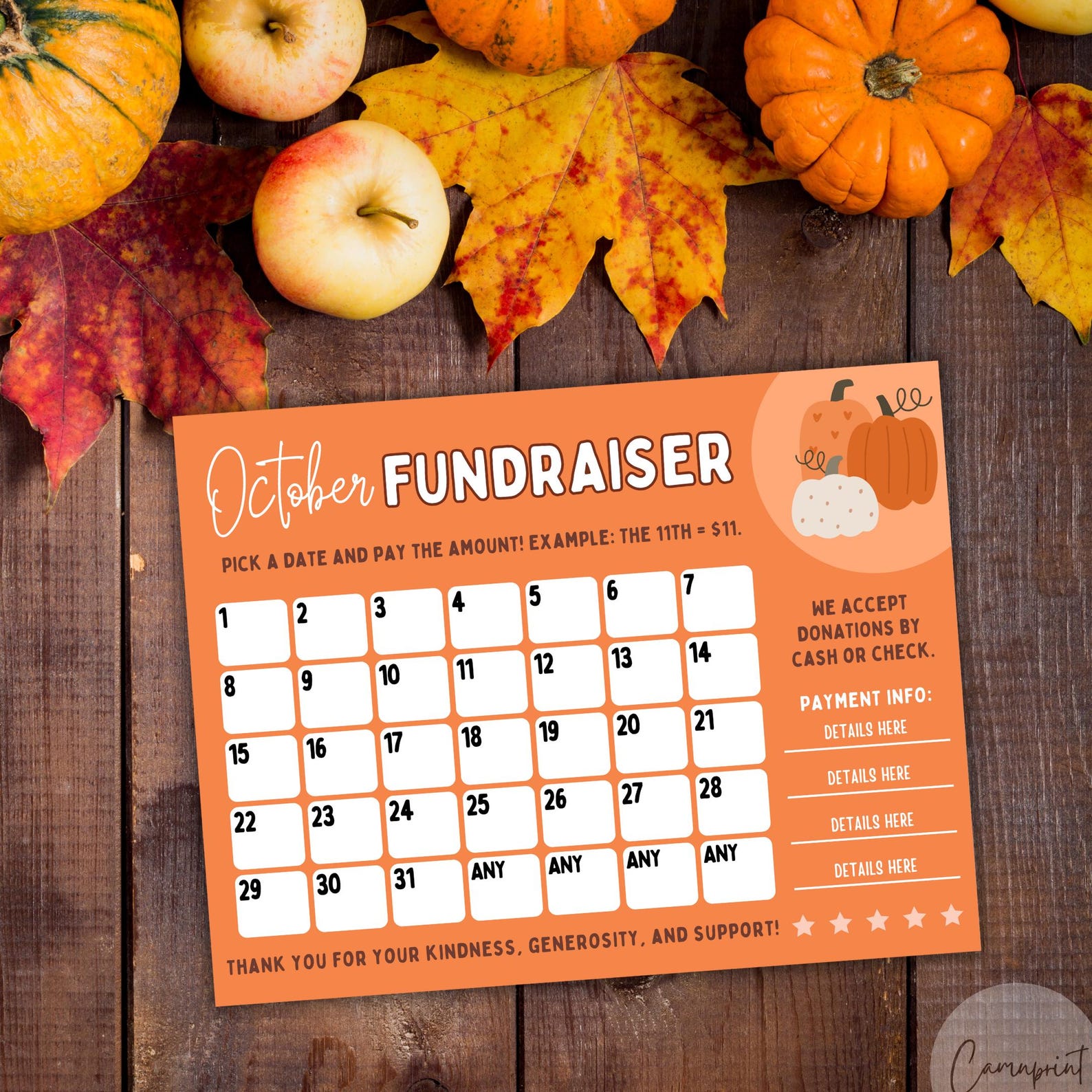 October Fundraiser Editable Fundraiser Calendar Pick A Date to Donate ...