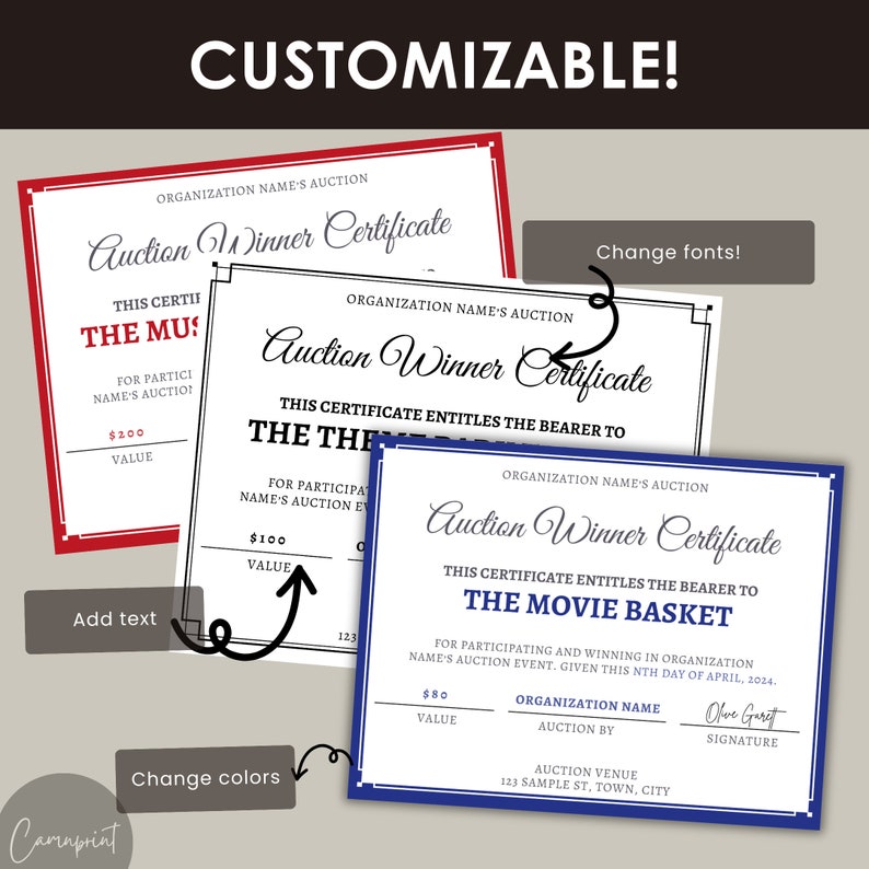 Editable Silent Auction Winner Certificate Template, Auction Item ...