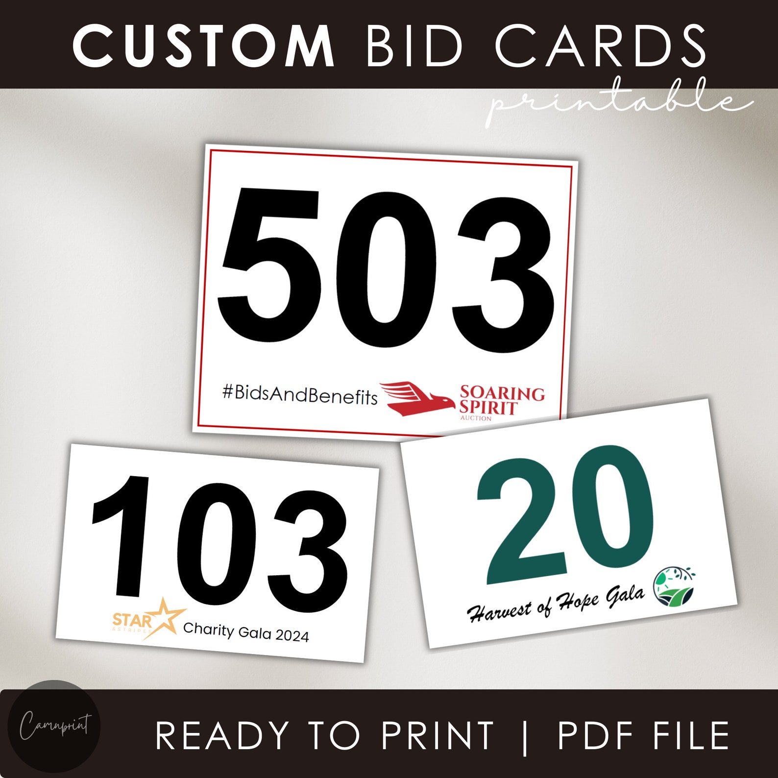 Custom Auction Bid Card Printable, Fundraising Numbers, Numbered Cards ...