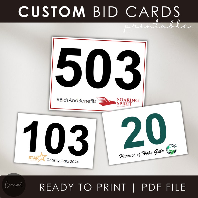Custom Auction Bid Card Printable, Fundraising Numbers, Numbered Cards ...