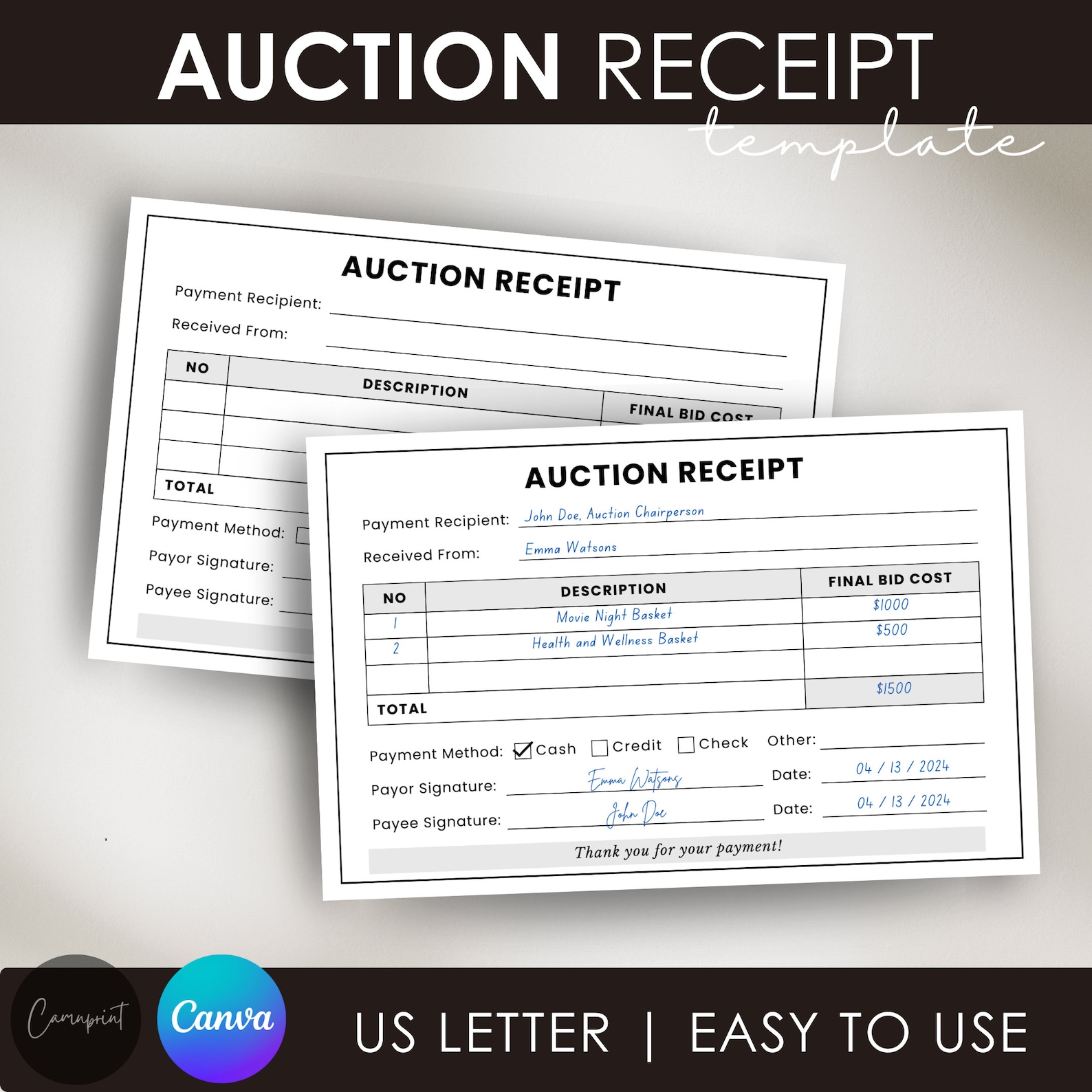 Silent Auction Receipt Template, Editable Auction Template for School ...