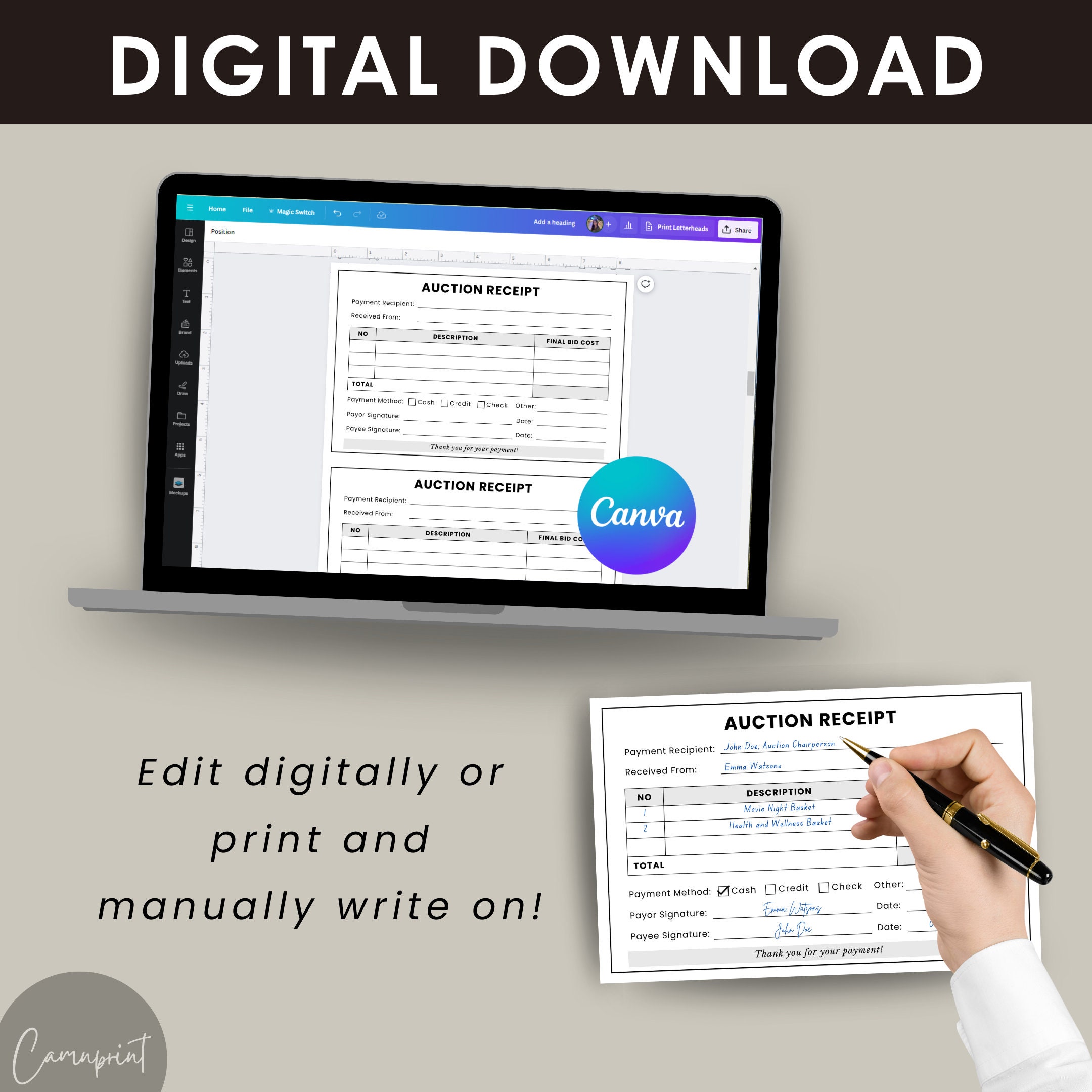 Silent Auction Receipt Template, Editable Auction Template for School ...