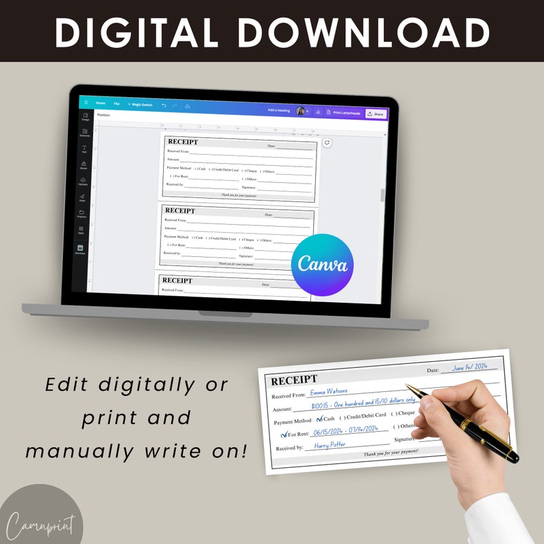 Simple Rent Receipt Template, Printable Receipt for Rental Payment ...