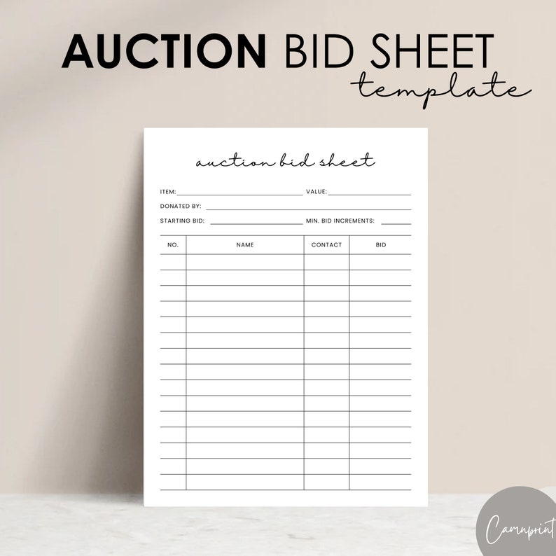 Editable Silent Auction Bid Sheet, Silent Auction Sign up Sheet ...