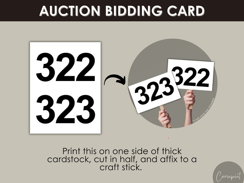 Auction Bid Card Printable for Non-profit School Auction, Charity ...