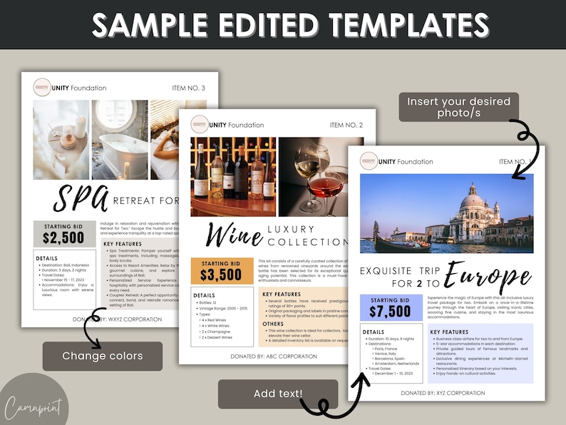 Editable Silent Auction Item Description Sheet, Auction Info Sheet ...