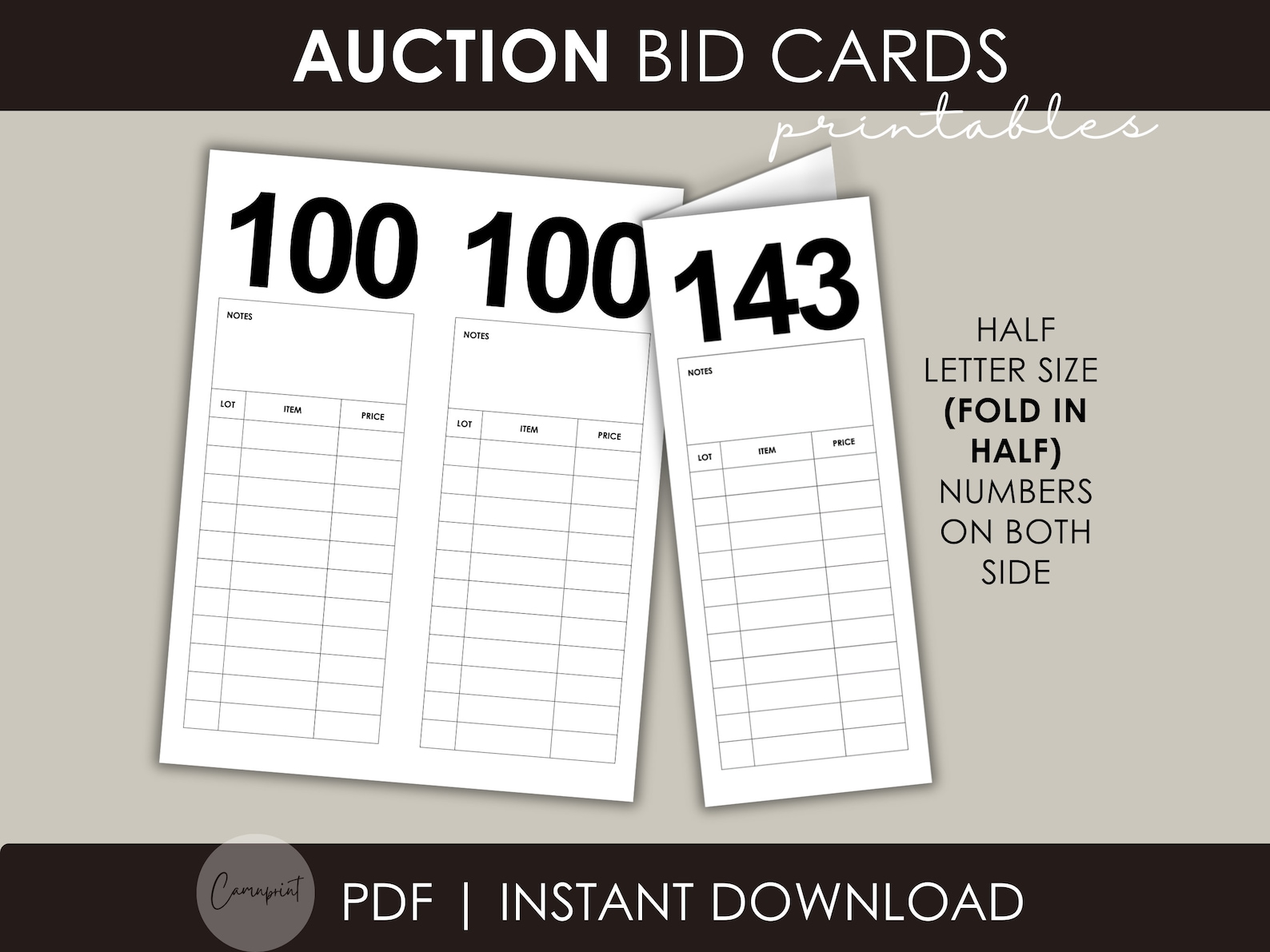 Auction Bid Card Printable Numbered Cards With Notes, Auction Printable ...