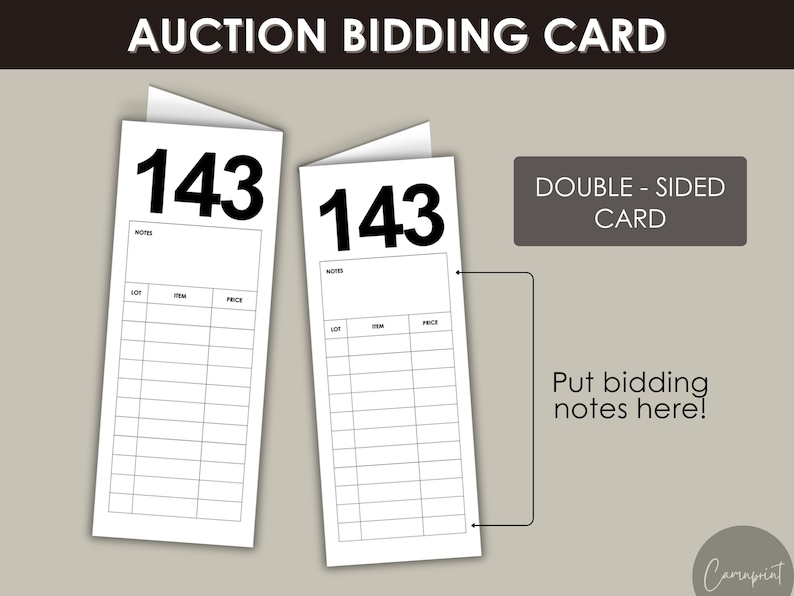 Auction Bid Card Printable Numbered Cards With Notes, Auction Printable ...