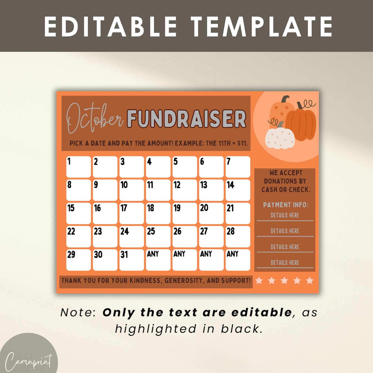 October Fundraiser Editable Fundraiser Calendar Pick A Date to Donate ...
