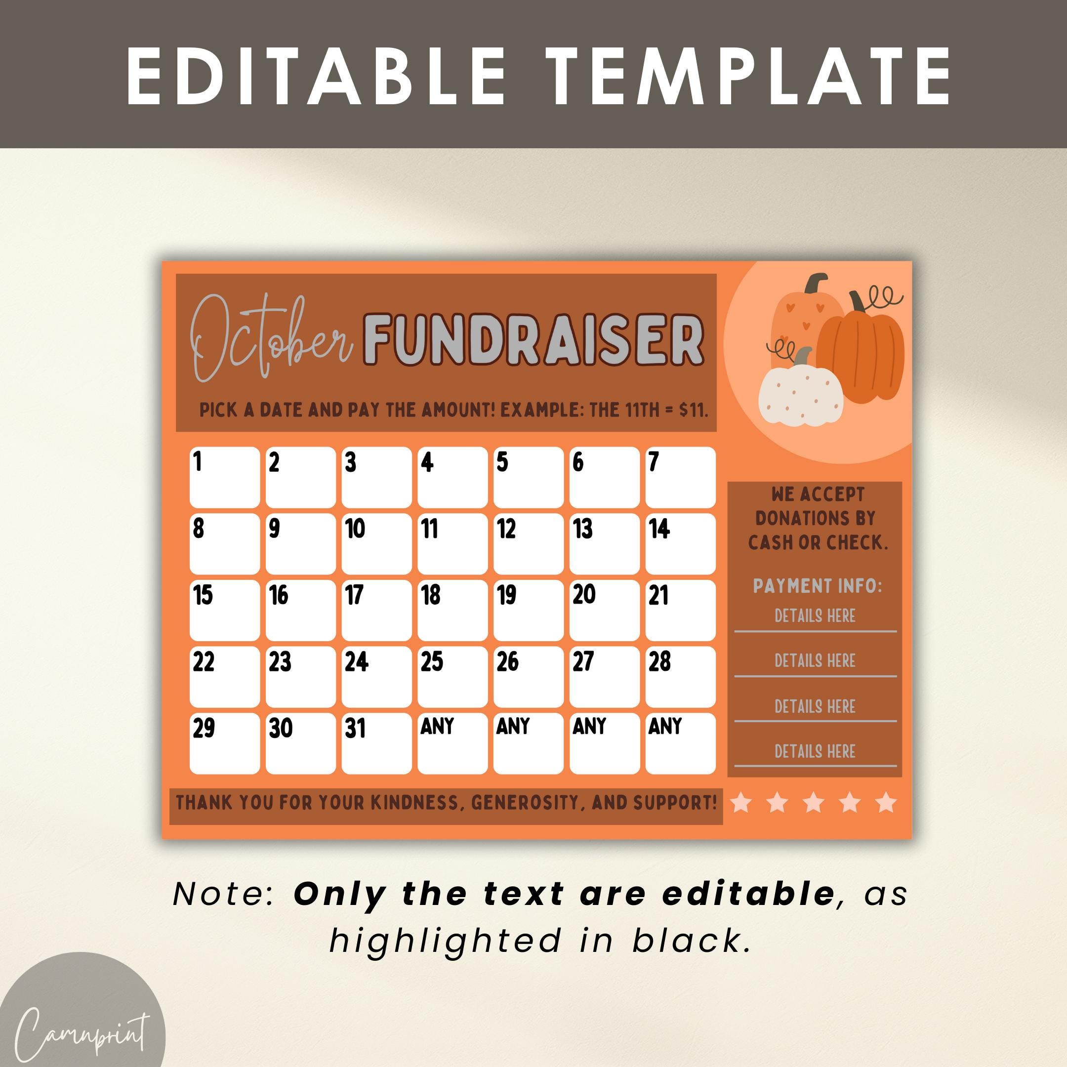 October Fundraiser Editable Fundraiser Calendar Pick A Date to Donate ...