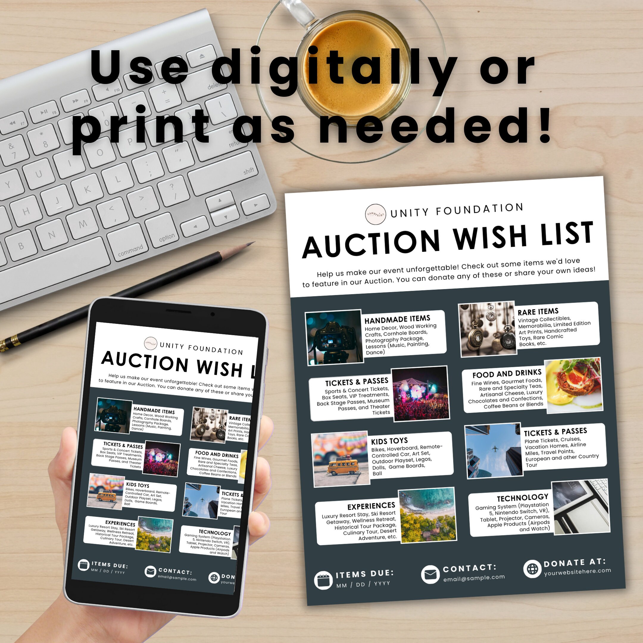 Auction Wish List for Silent Auction Live Auction Fundraiser Donation Request Flyer for School ...