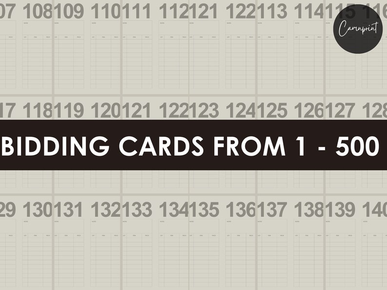 Auction Bid Card Printable Bid Cards With Notes, Numbered Card ...
