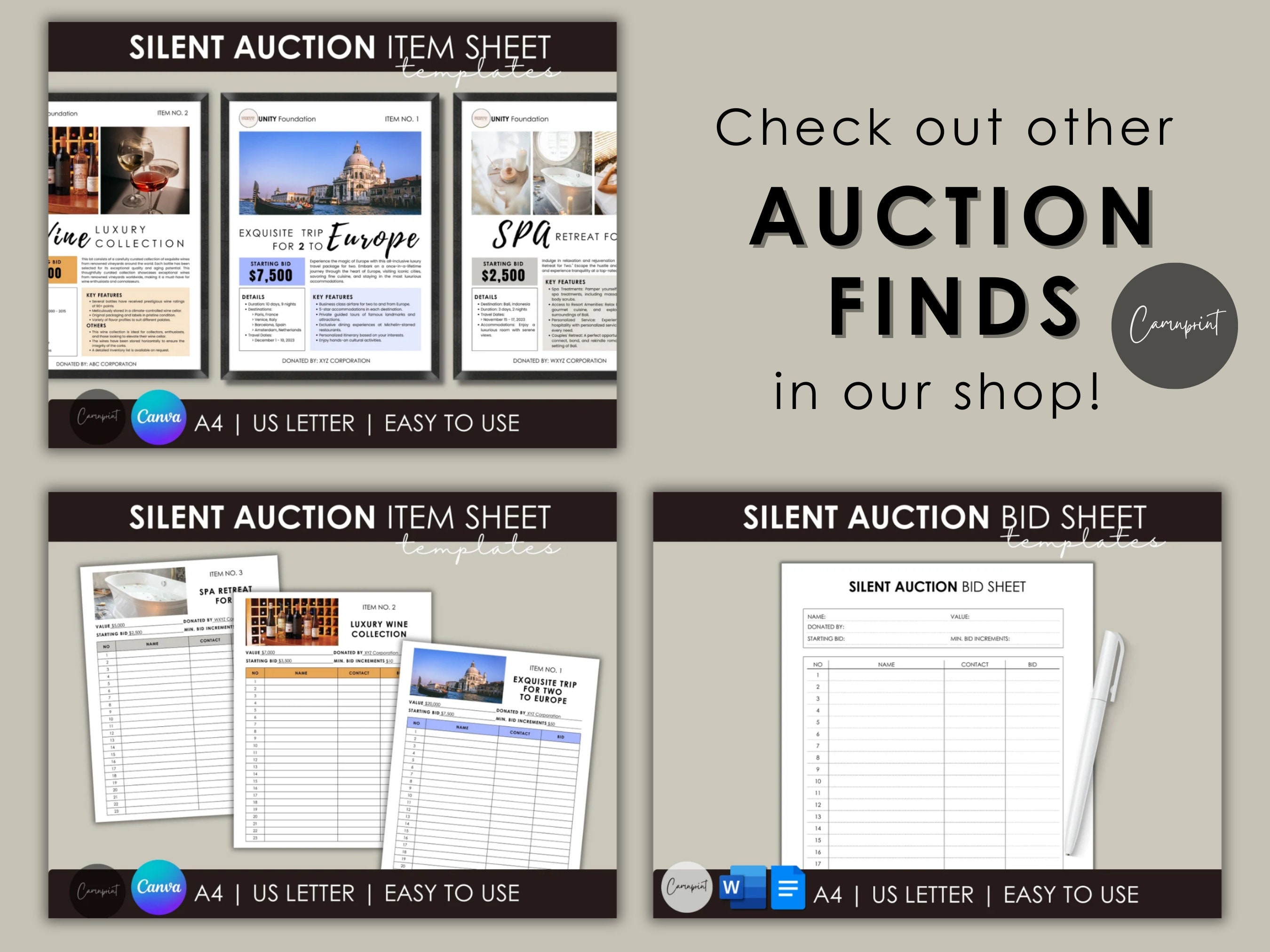 Auction Bid Card Printable for Non-profit School Auction Charity ...