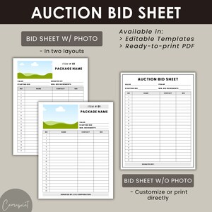 Editable Auction Bundle Item Description Sheet, Auction Bid Sheet ...