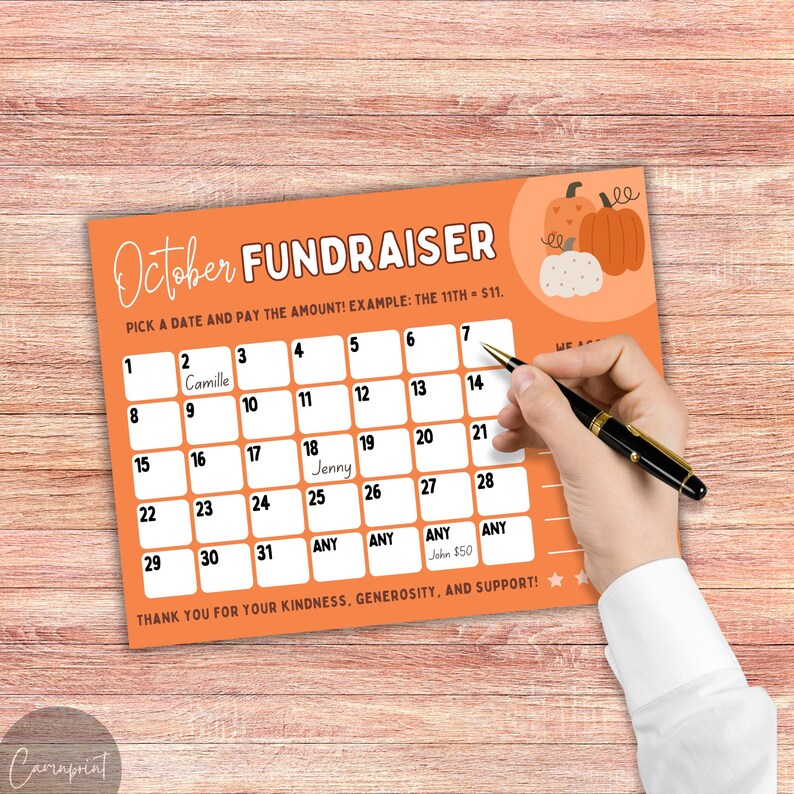 October Fundraiser Editable Fundraiser Calendar Pick A Date to Donate ...
