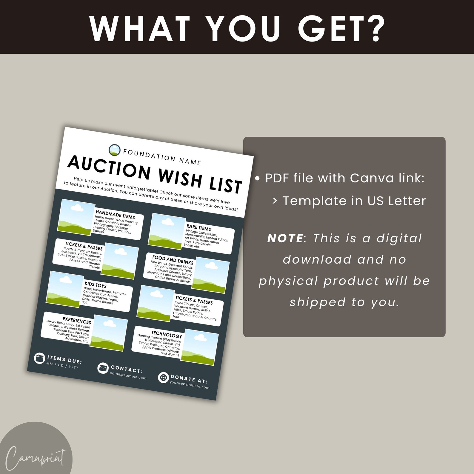 Auction Wish List for Silent Auction Live Auction Fundraiser Donation Request Flyer for School ...