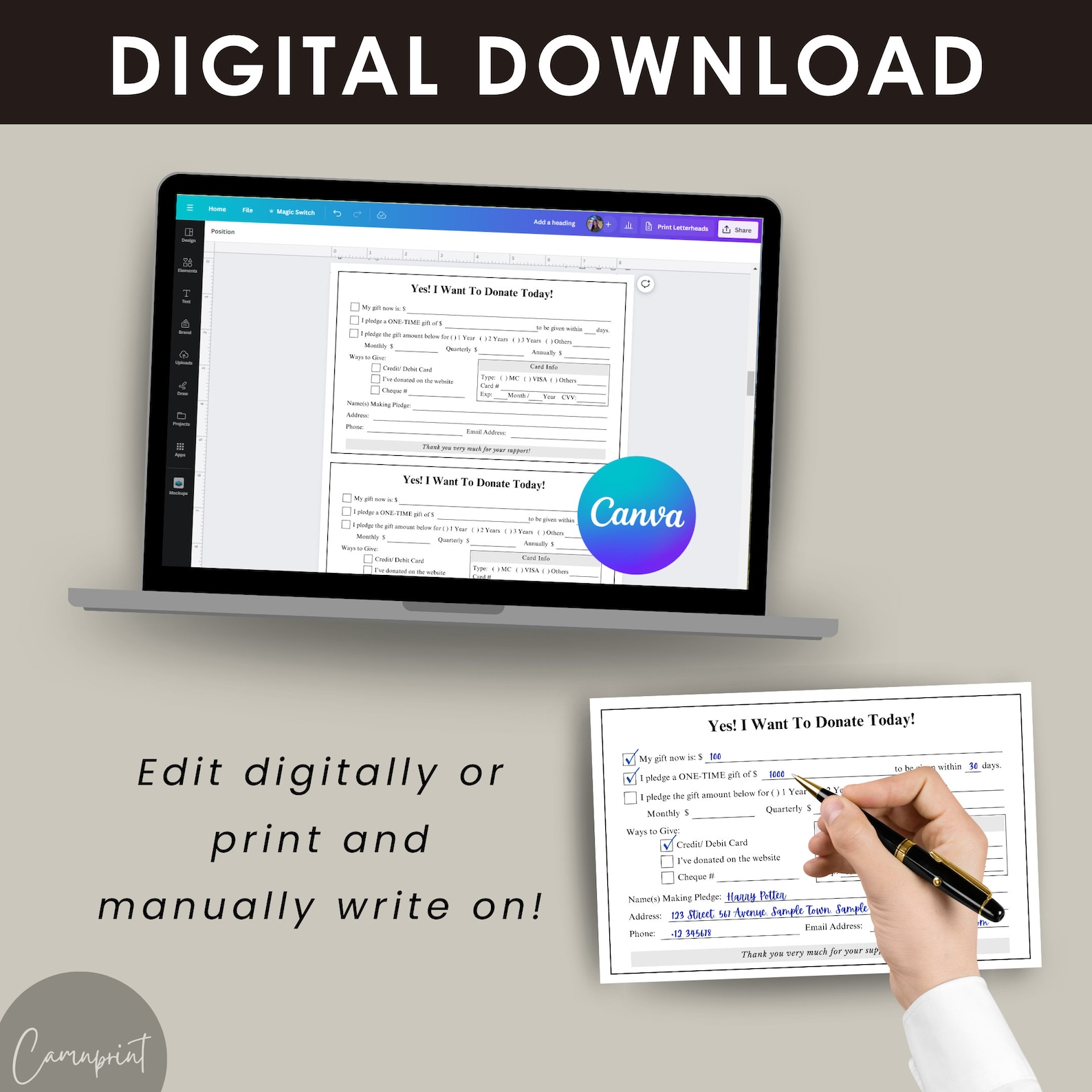 Editable Donation Card Printable Pledge Form, Donation Form, Donation ...