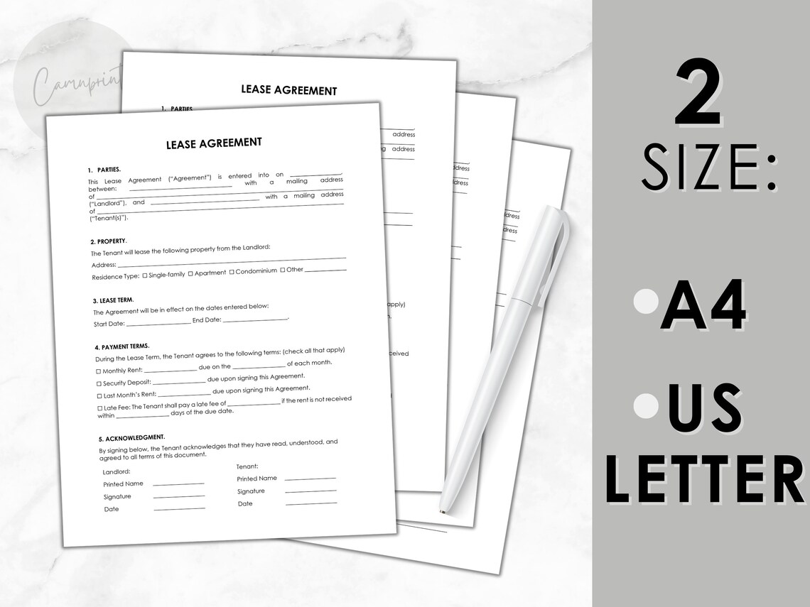 Simple One Page Lease Agreement, Printable Rental Agreement, Editable ...