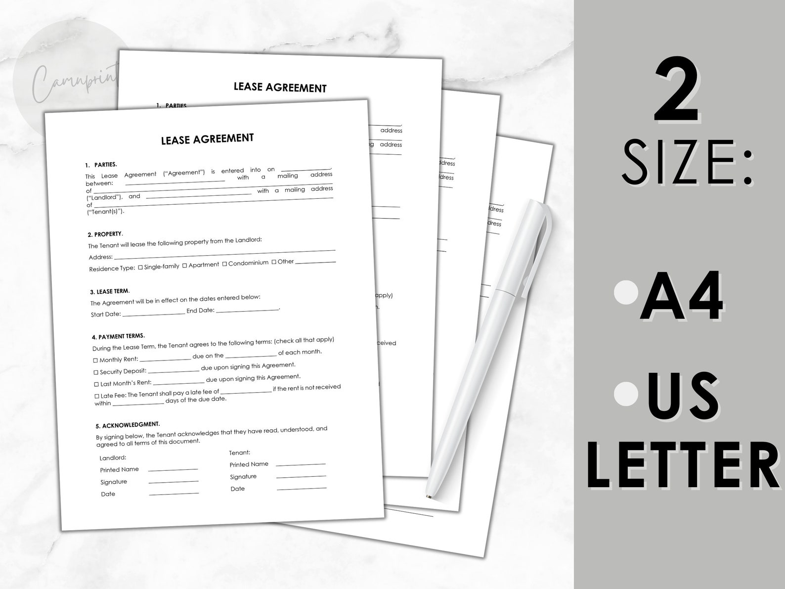 Simple One Page Lease Agreement, Printable Rental Agreement, Editable ...
