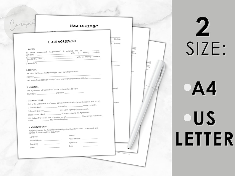 Simple One Page Lease Agreement, Printable Rental Agreement, Editable ...