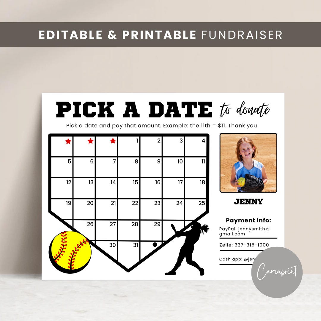 Softball Fundraiser Template, Pick a Date to Donate Calendar Fundraiser ...
