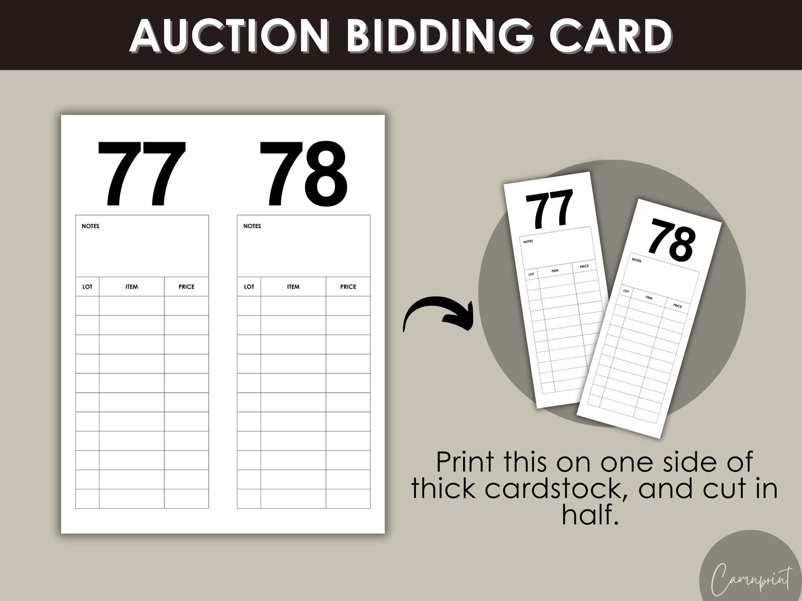 Auction Bid Card Printable Bid Cards With Notes, Numbered Card ...