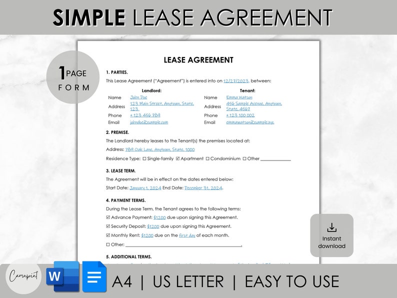 Simple One Page Lease Agreement, Printable Rental Agreement, Editable ...
