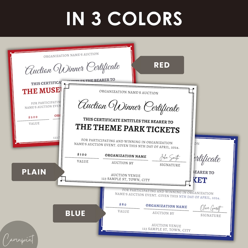 Editable Silent Auction Winner Certificate Template, Auction Item ...