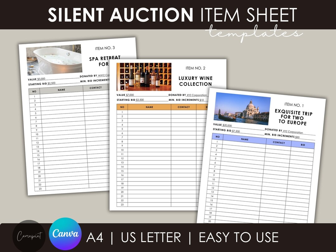 Editable Silent Auction Bid Sheet, Silent Auction Sign up Sheet ...