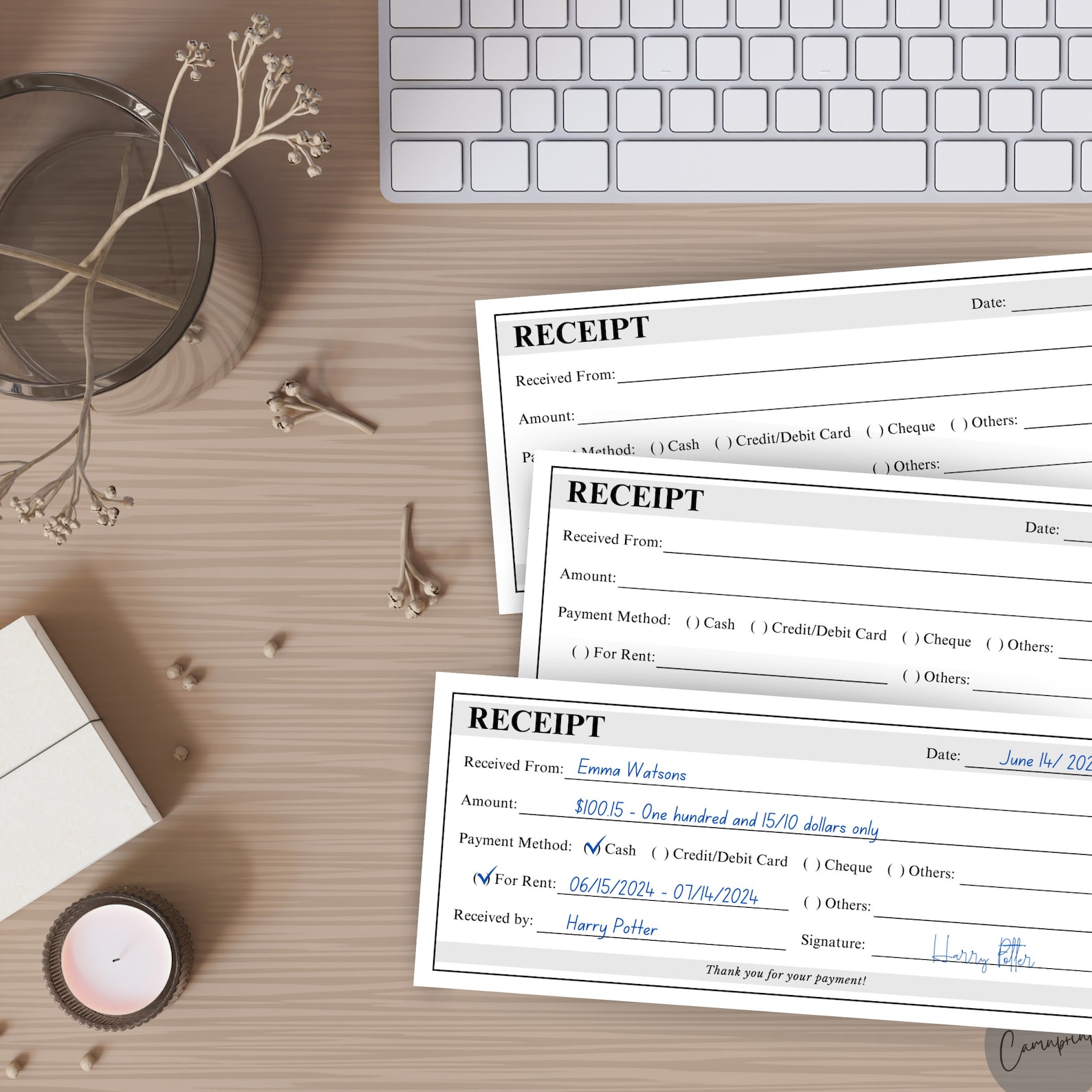 Simple Rent Receipt Template Printable Receipt for Rental Payment Receipt for Business Receipt ...