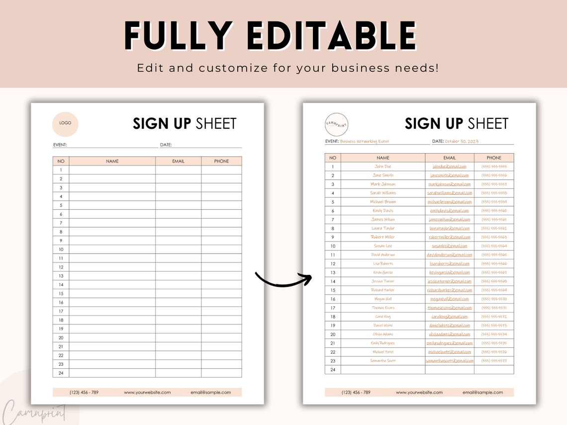 Editable Sign up Sheet Template, Sign up Sheet, Printable Sign up Form ...