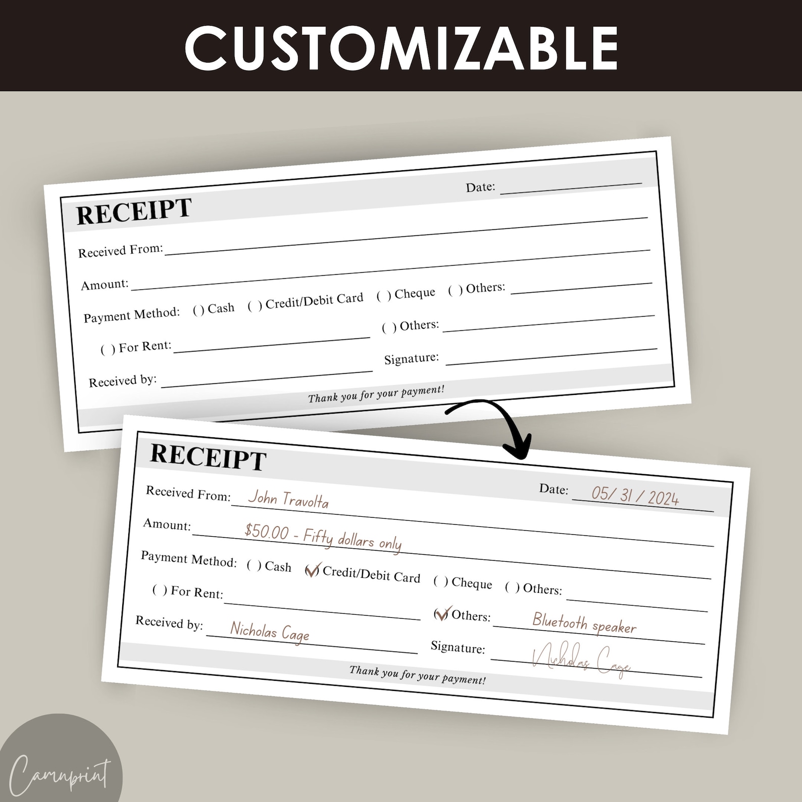 Simple Rent Receipt Template, Printable Receipt for Rental Payment ...