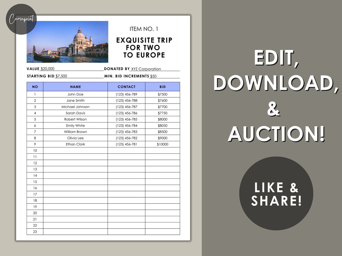 Editable Silent Auction Bid Sheet, Silent Auction Sign up Sheet ...