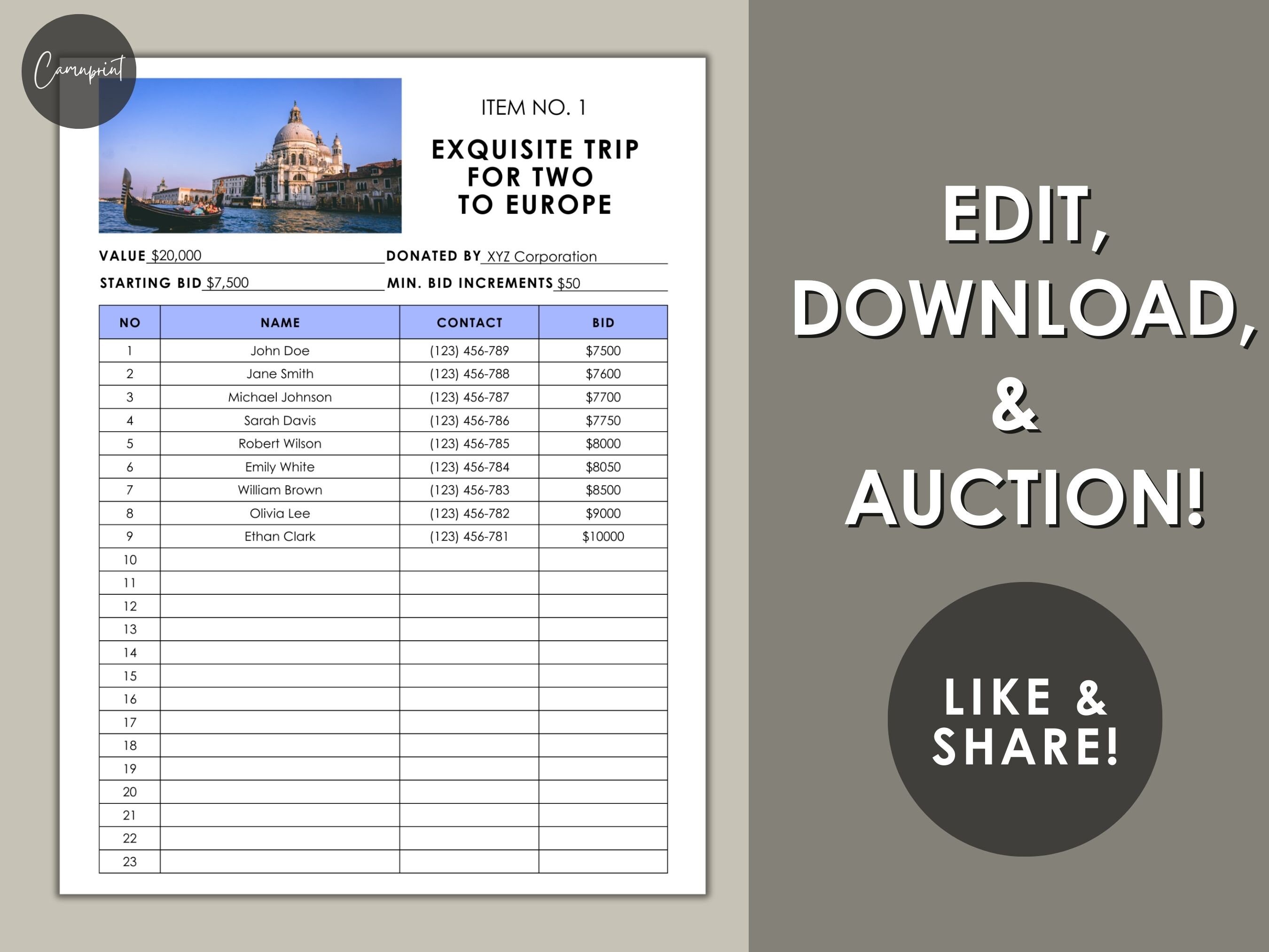 Editable Silent Auction Bid Sheet, Silent Auction Sign up Sheet ...