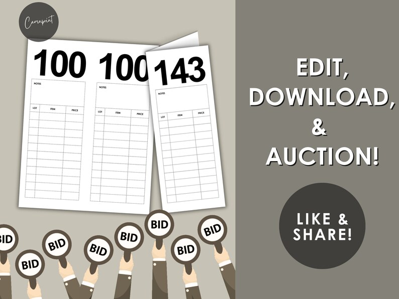 Auction Bid Card Printable Numbered Cards With Notes, Auction Printable ...