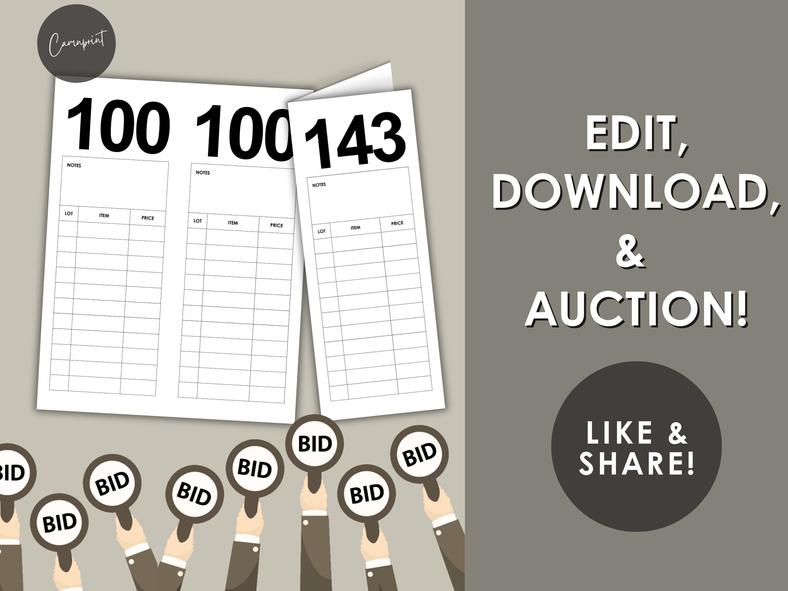 Auction Bid Card Printable Numbered Cards With Notes, Auction Printable ...