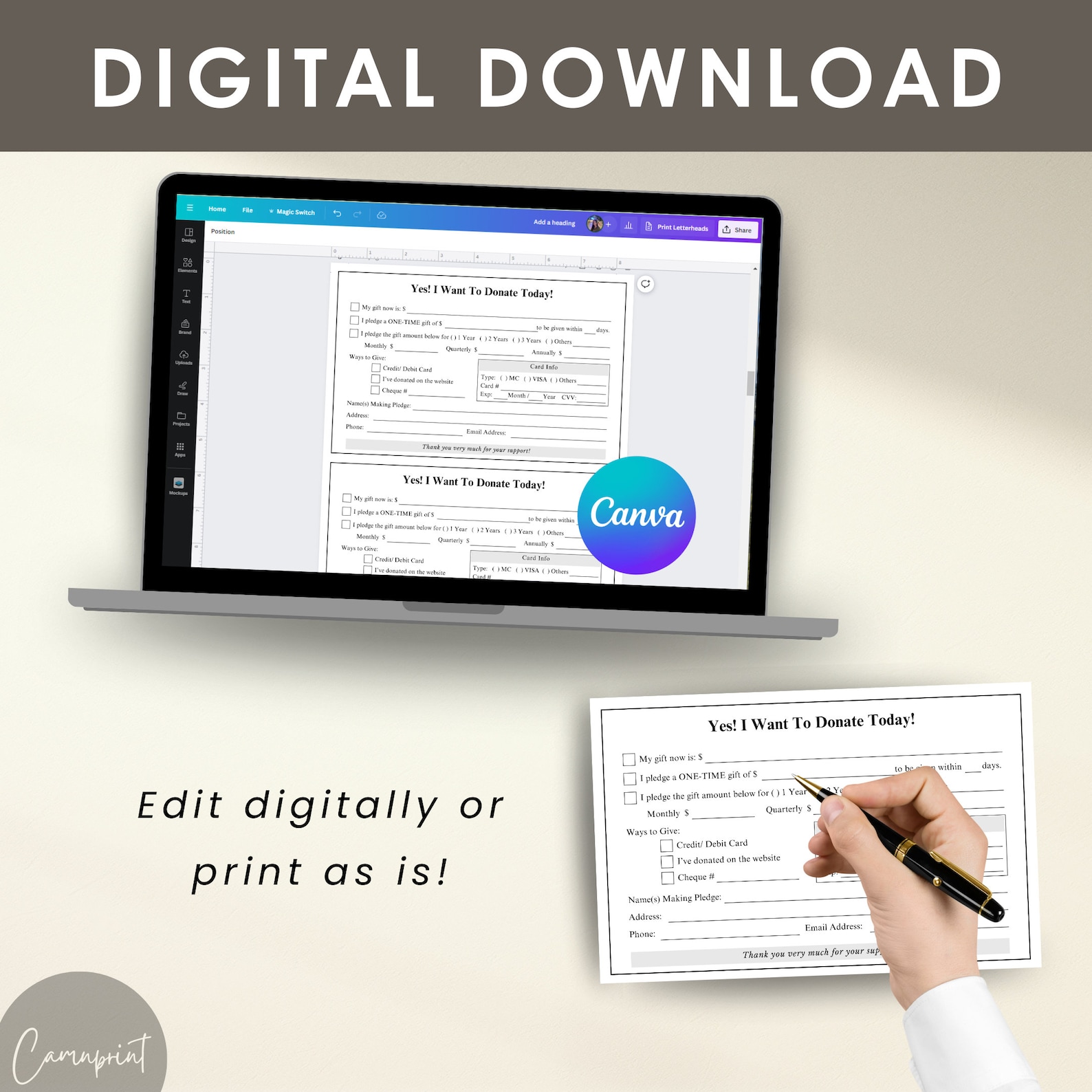 Editable Donation Card Printable Pledge Form, Donation Form, Donation ...