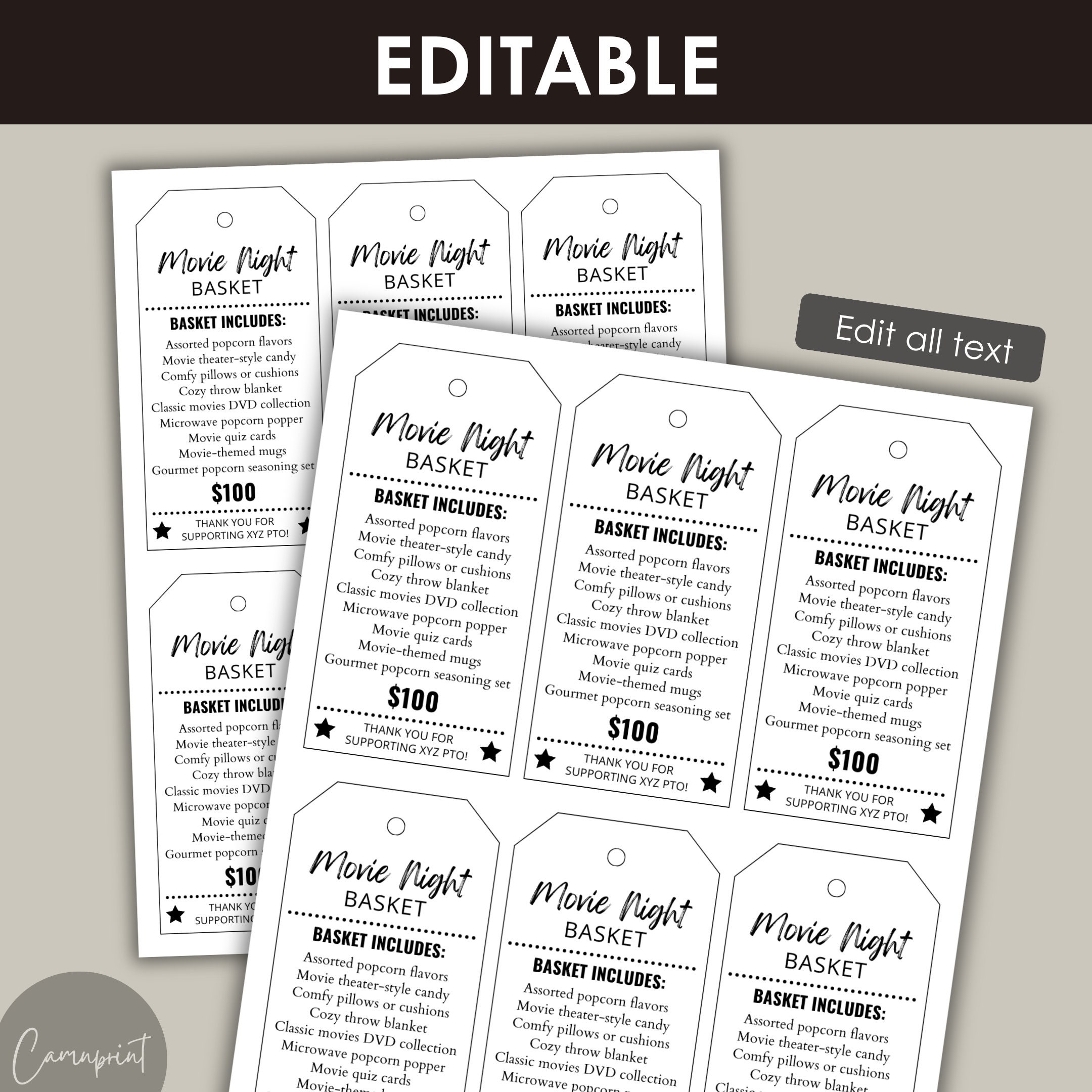 Silent Auction Basket Tags Editable Auction Template for Fundraising ...