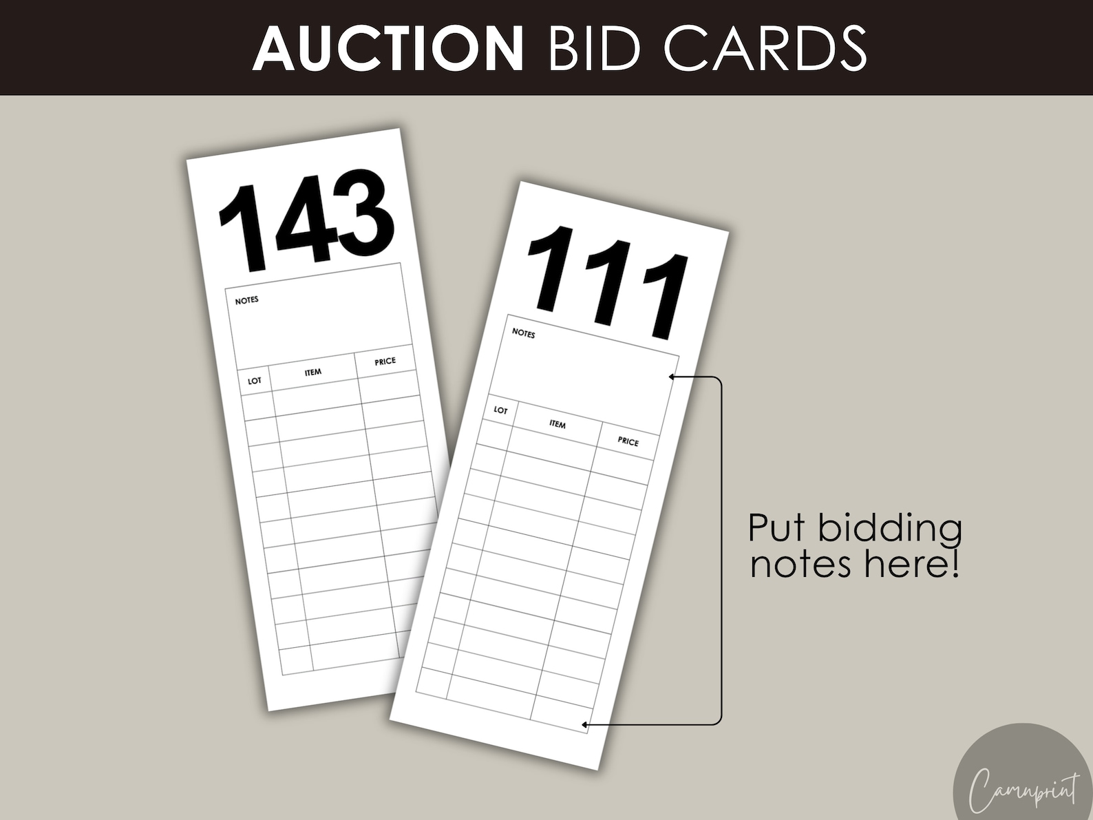 Auction Bid Card Printable Bid Cards With Notes, Numbered Card ...