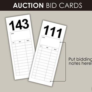 Auction Bid Card Printable Bid Cards With Notes, Numbered Card ...