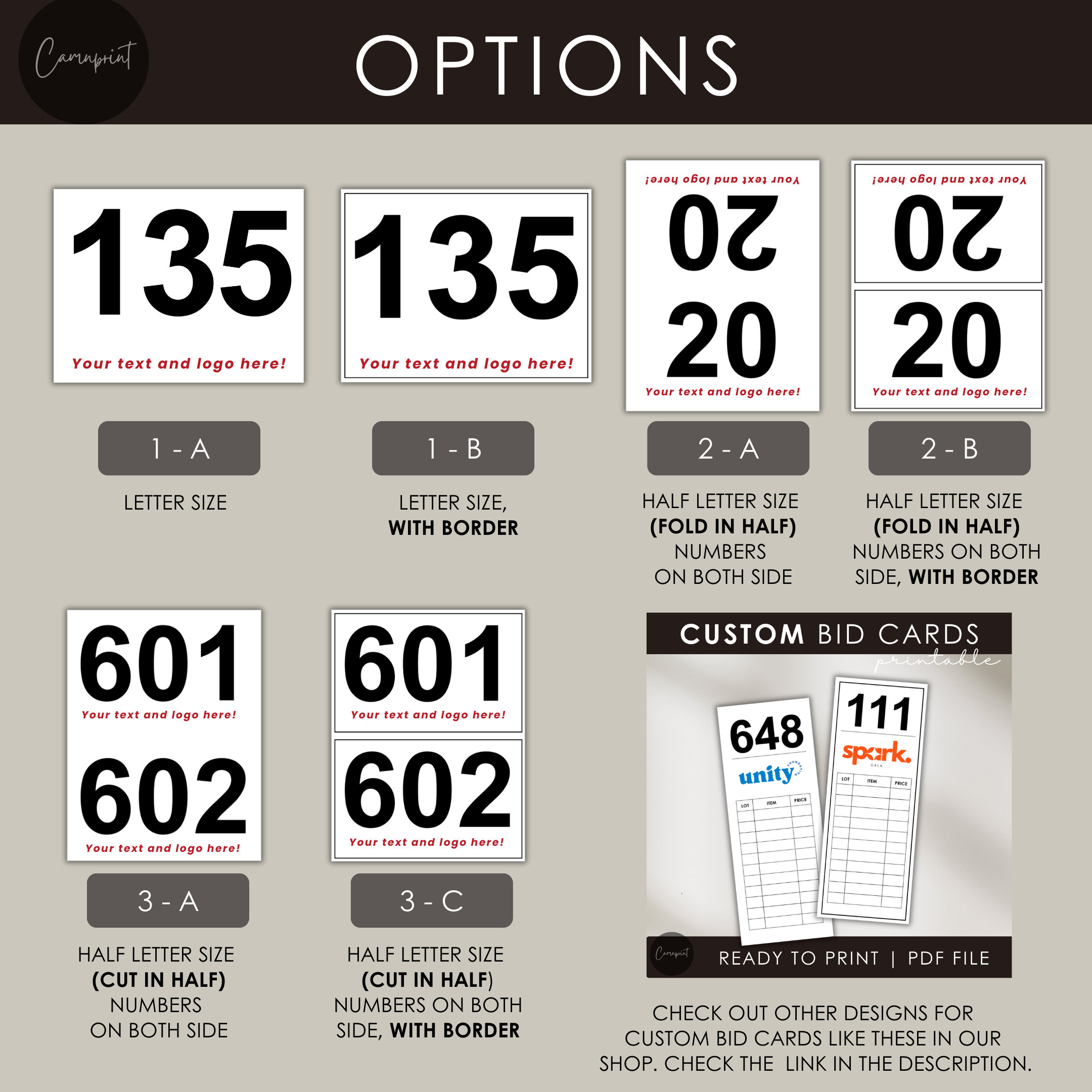 Custom Auction Bid Card Printable, Fundraising Numbers, Numbered Cards ...