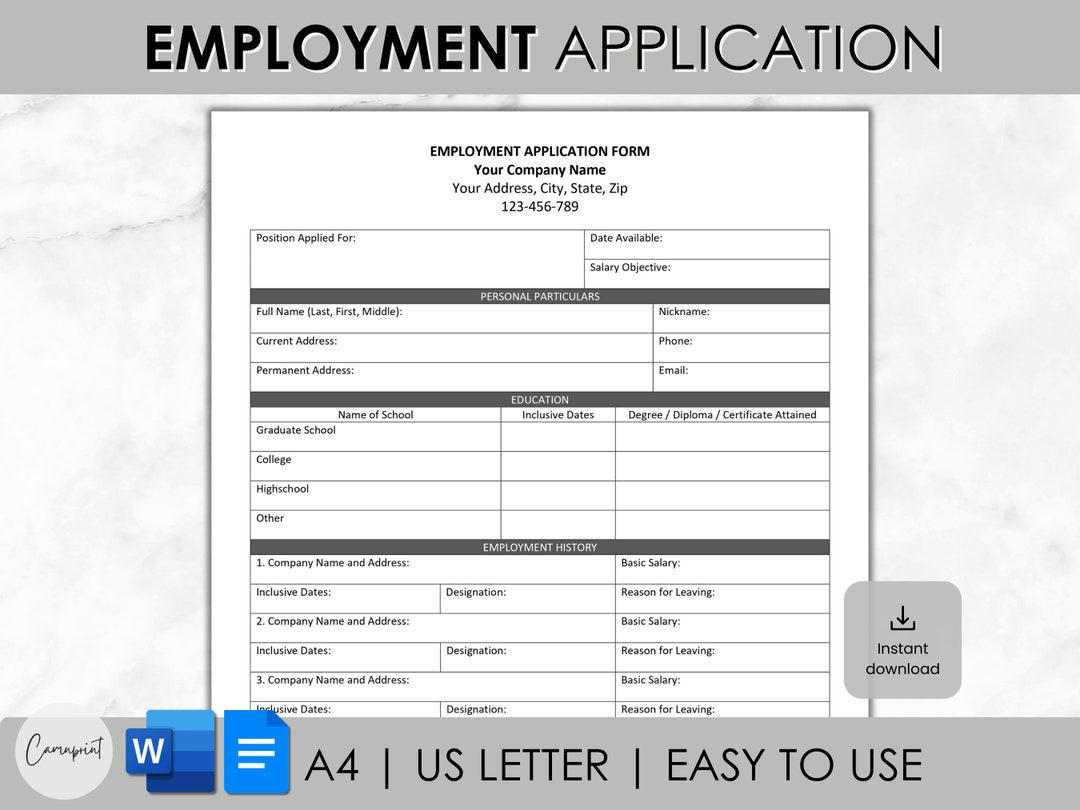 Employment Application, Employee Application Form, Job Application ...